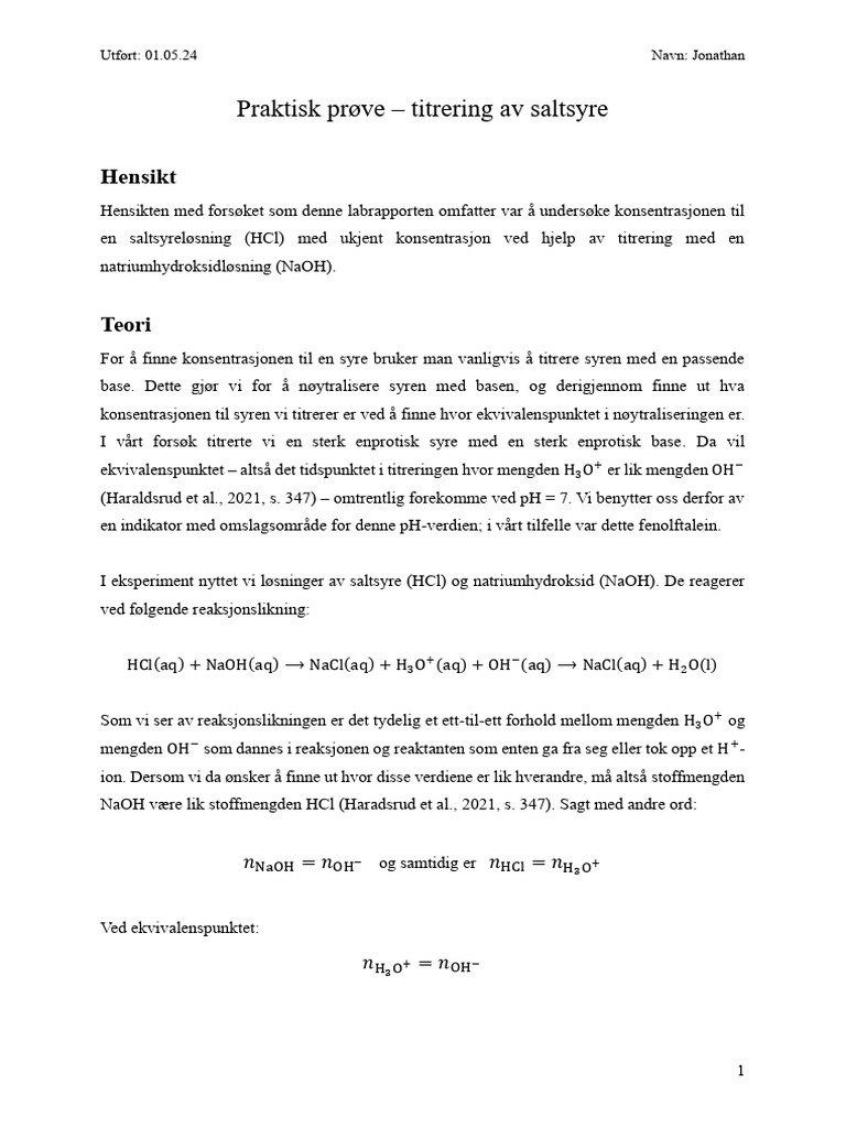 Labrapport – Praktisk prøve med titrering | PDF