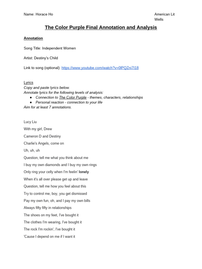 The Color Purple Final Annotation and Anal | PDF | Feminism | Gender ...