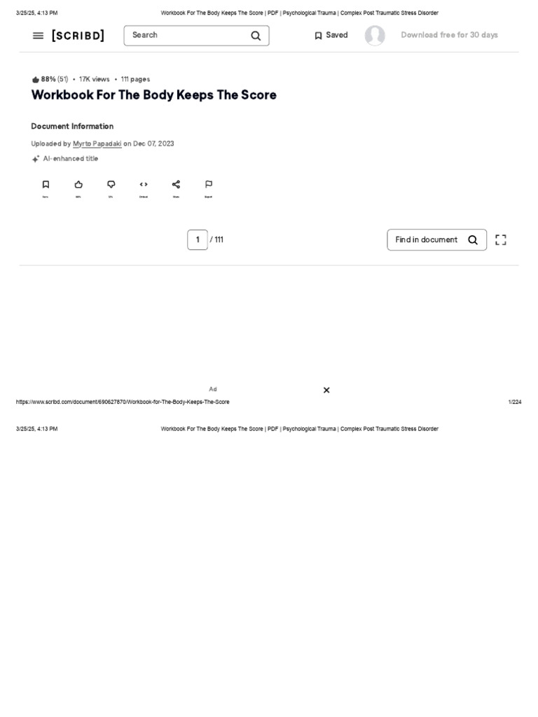 Workbook for The Body Keeps Score | PDF | Psychological Trauma ...