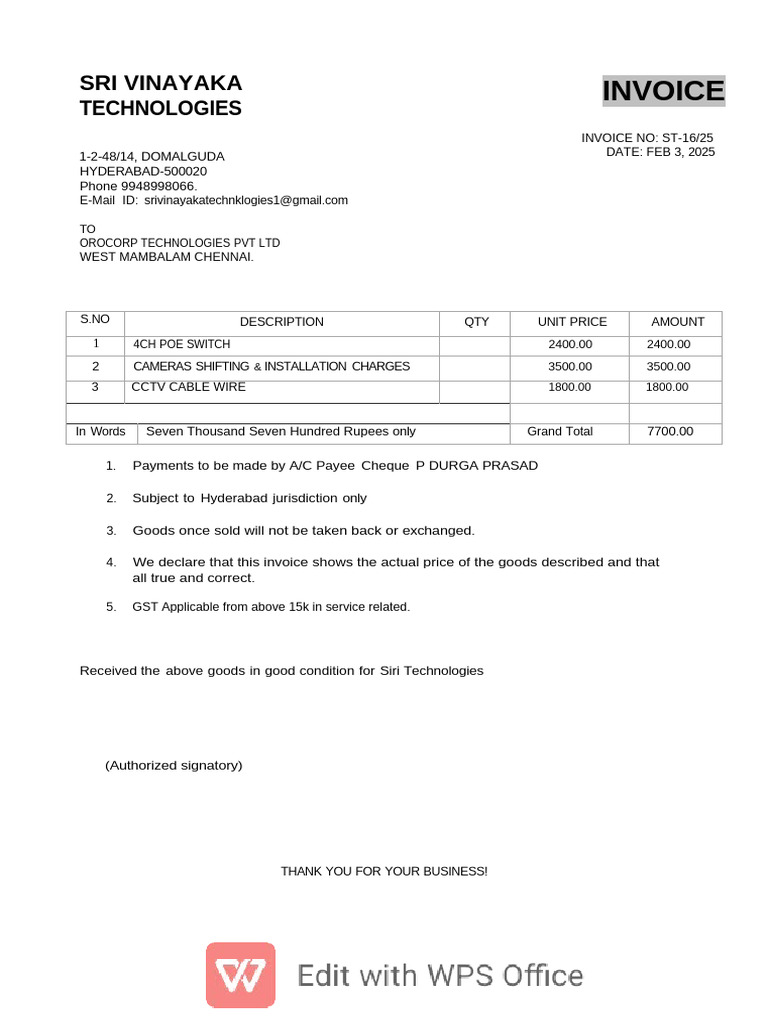 Invoice for Orocorp Technologies Pvt Ltd | PDF