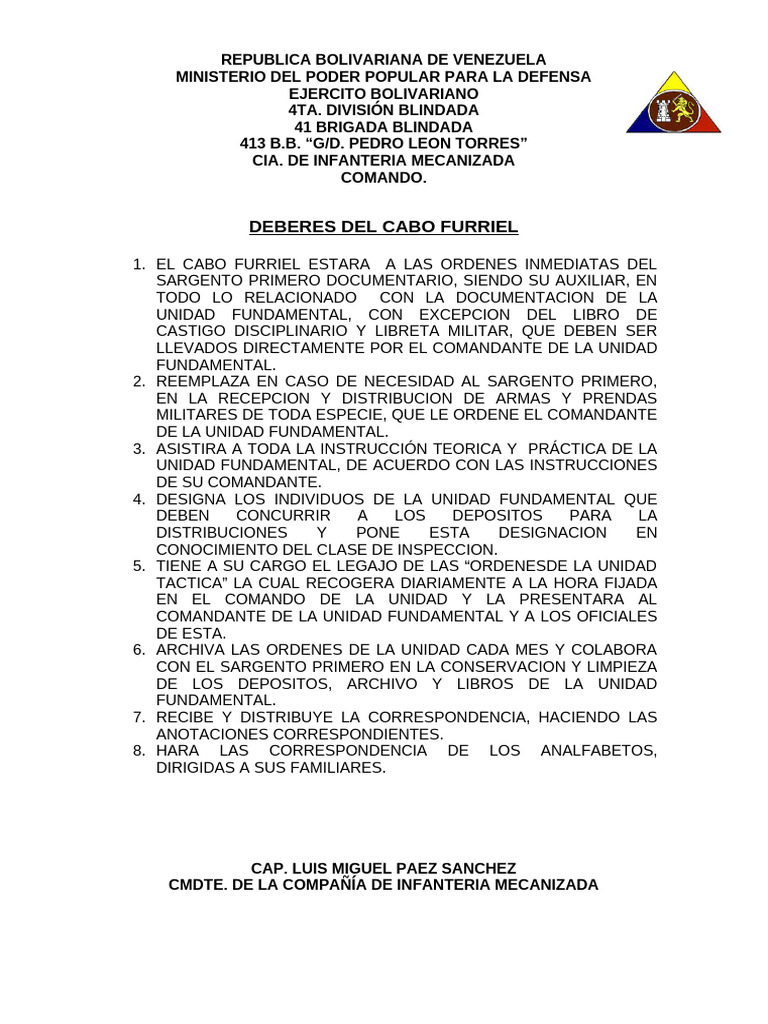 Deberes del Cabo Furriel en Venezuela | PDF