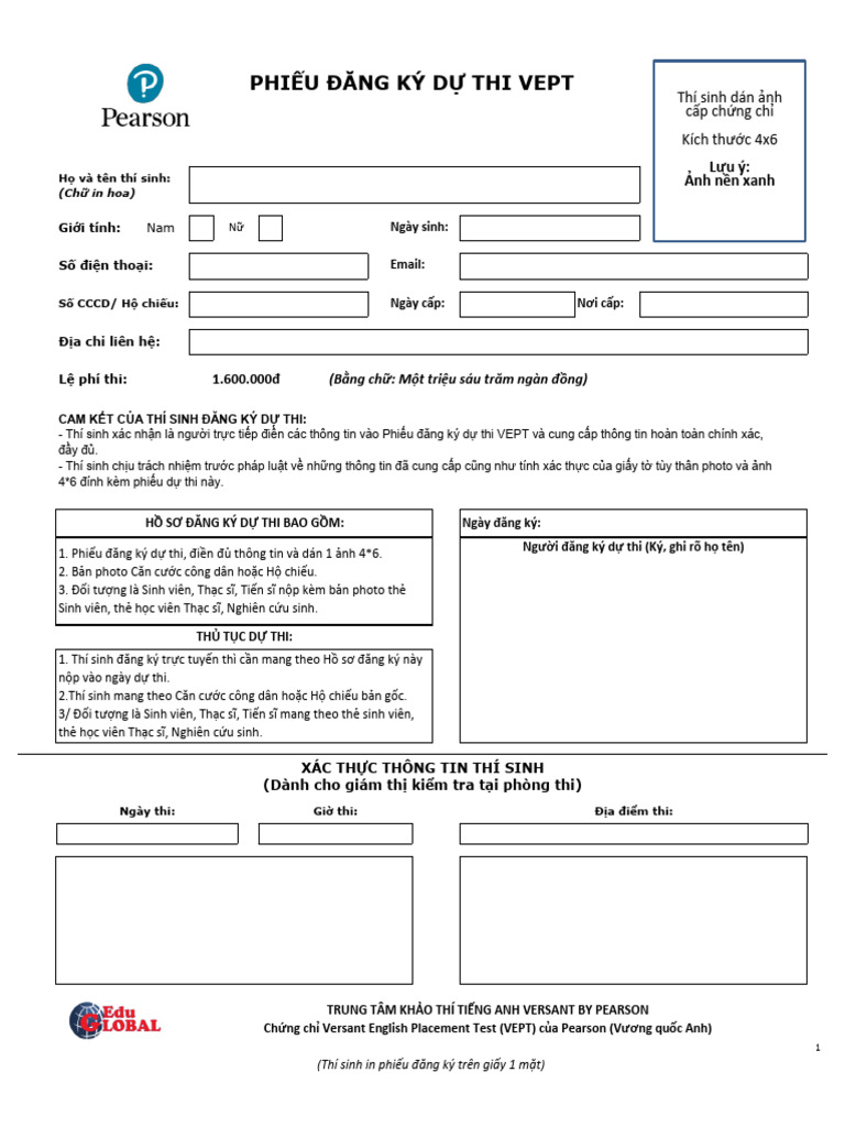 Gửi học viên Phiếu đk VEPT Pearson-EduGlobal - 11.2024 | PDF