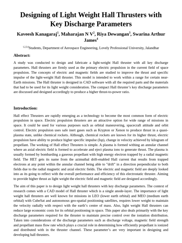 Development of Light Weight Hall Thrusters For High Specific Impulse ...