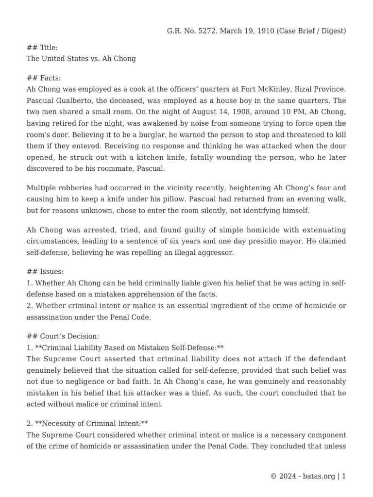 G.R. No. 5272. March 19, 1910 (Case Brief - Digest) | PDF | Mens Rea ...