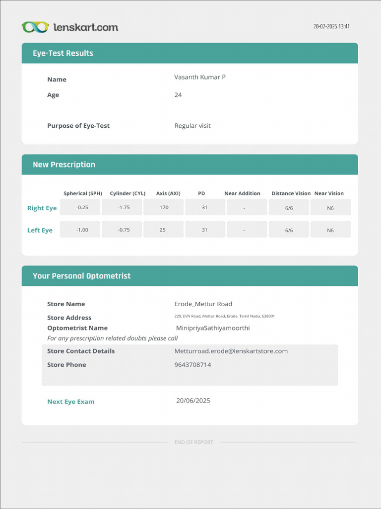 Vasanth - Kumar Lenskart Prescription | PDF