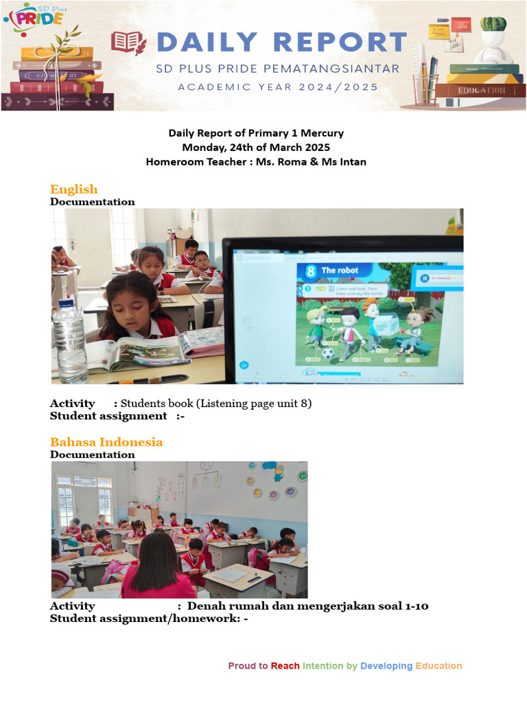 Primary 1 Daily Report - March 24, 2025 | PDF