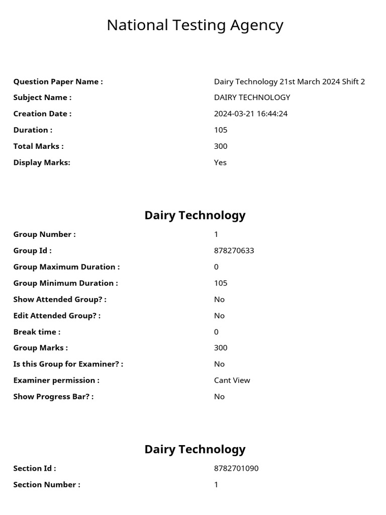 Dairy Technology Exam Paper 2024 | PDF | Multiple Choice | Evaluation