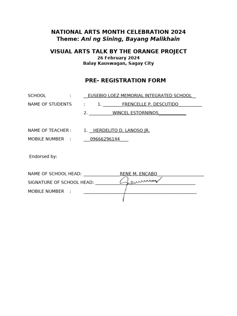 Registration Form National Arts Month Celebration 2024 | PDF