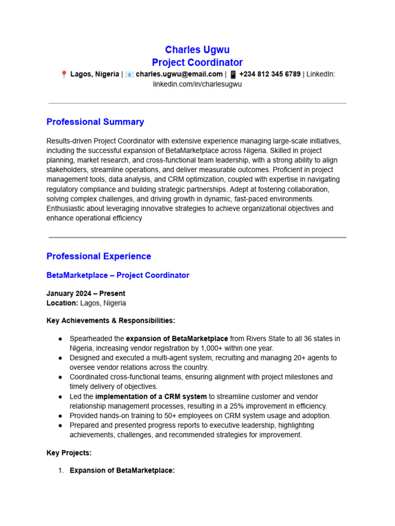 Project Coordinator CV Template - BetaMarketplace | PDF | Customer ...
