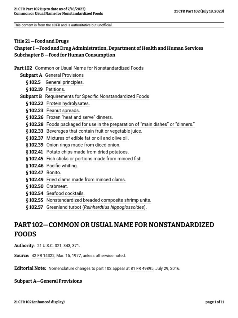 21 CFR Part 102 (Up To Date As of 7-18-2023) | PDF | Juice | Diet ...