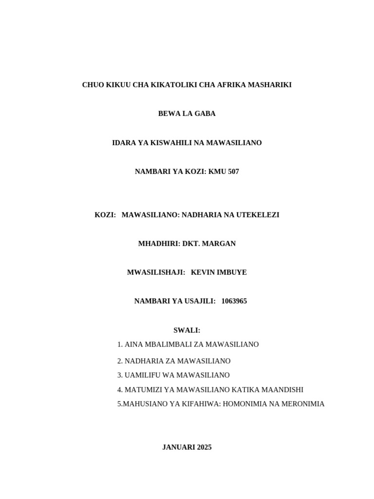 Kmu 507 Mawasiliano Nadharia Na Utekelezi | PDF