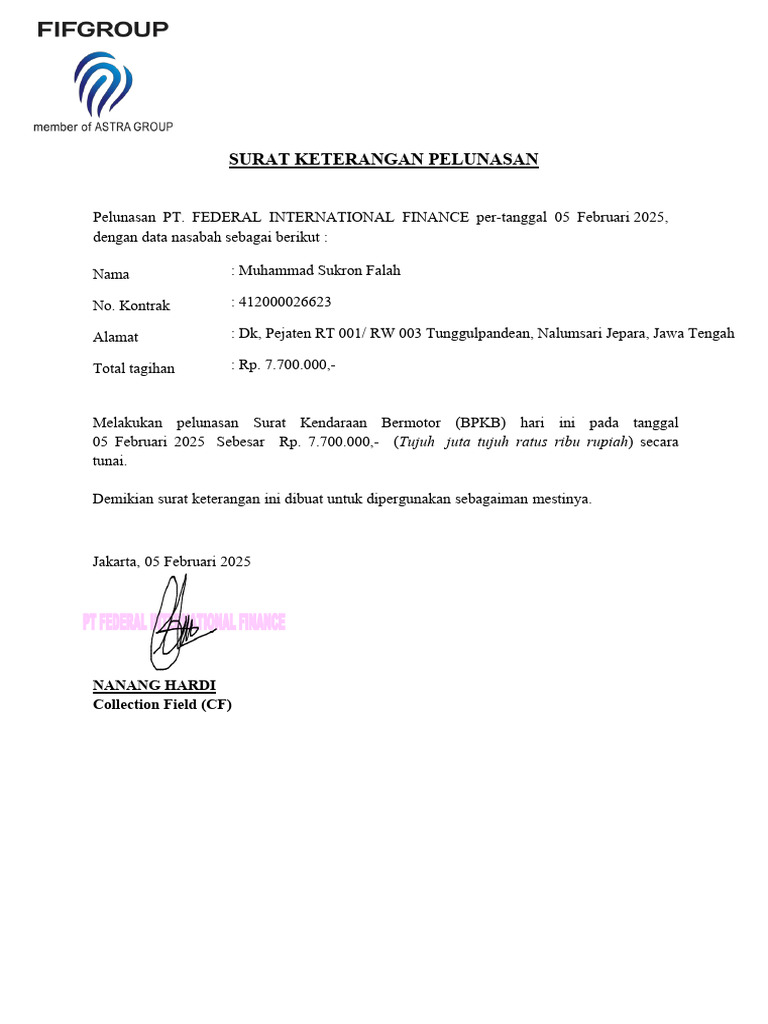 Surat-Pelunasan-FIF Muhammad Sukron Falah | PDF