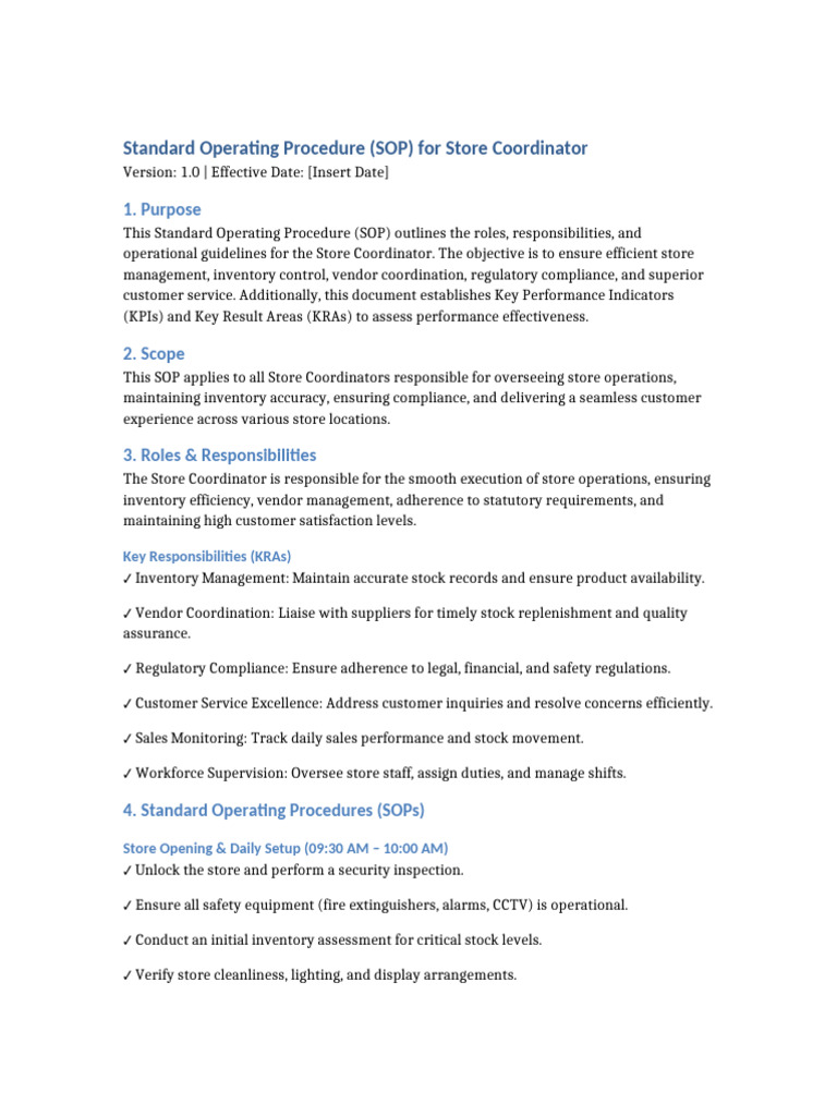 SOP Store Coordinator Professional | PDF | Regulatory Compliance ...