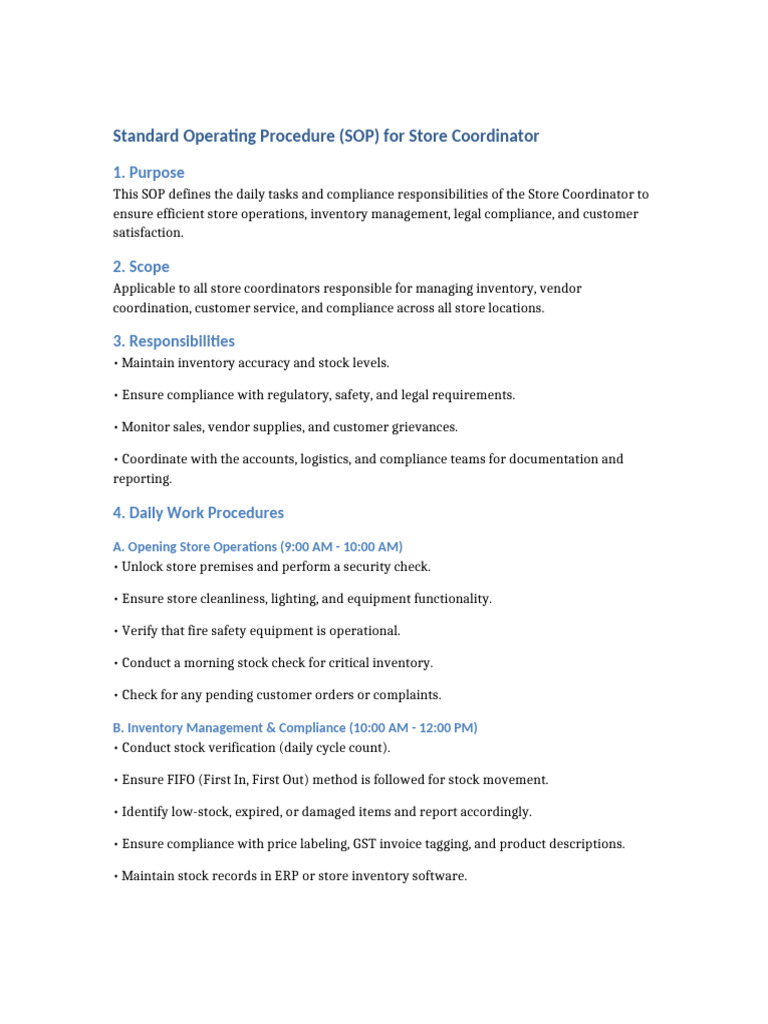 Store Coordinator SOP for Operations | PDF | Inventory | Regulatory ...