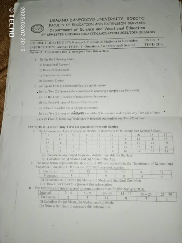 Edu 307, 2023-2024 Exam Q Paper | PDF