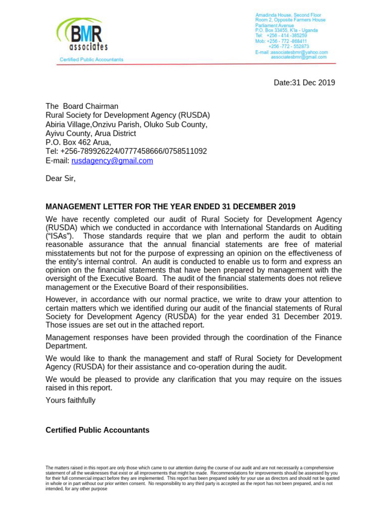 Audit Management letter-RUSDA | PDF | Audit | Accounting