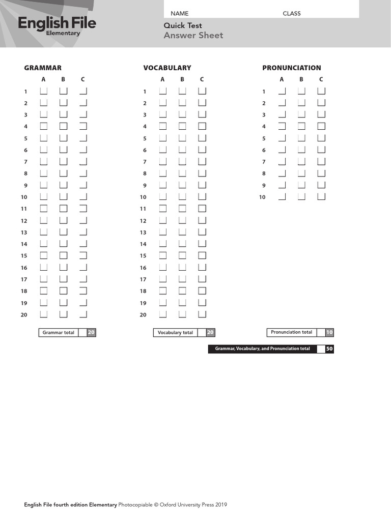 EF4e Elem Quick Test Answer Sheet | PDF