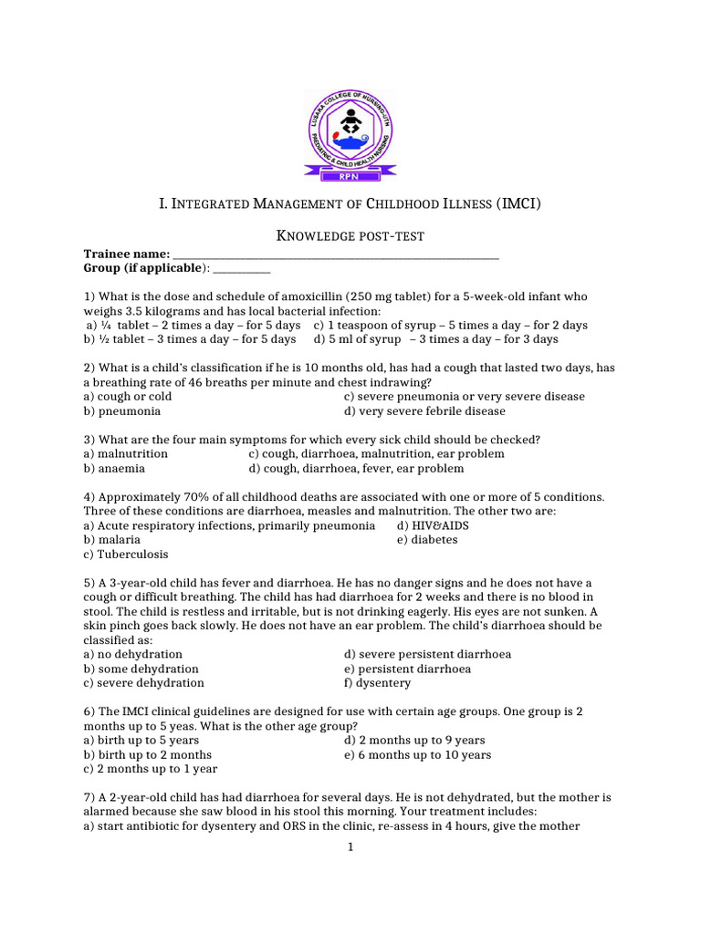 IMCI Post TEST | PDF | Pneumonia | Diarrhea