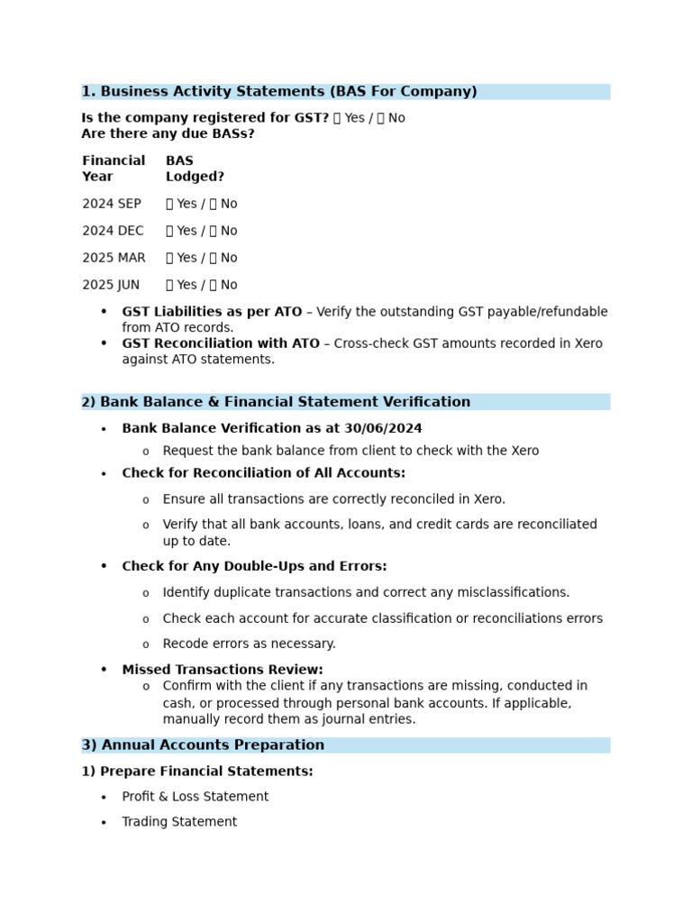 BAS and Financial Statement Checklist | PDF | Balance Sheet | Financial ...
