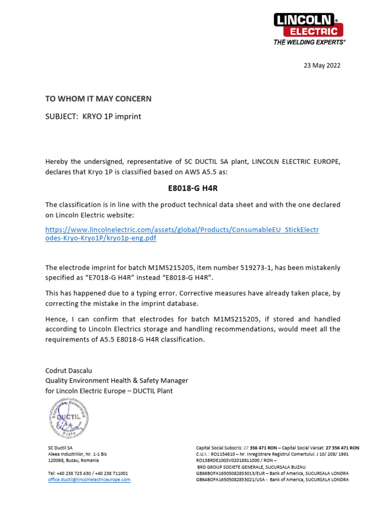 LINCOLN ELECTRODE WRONG IMPRINT CONFORMANCE DECLARATION - Kryo 1P ...