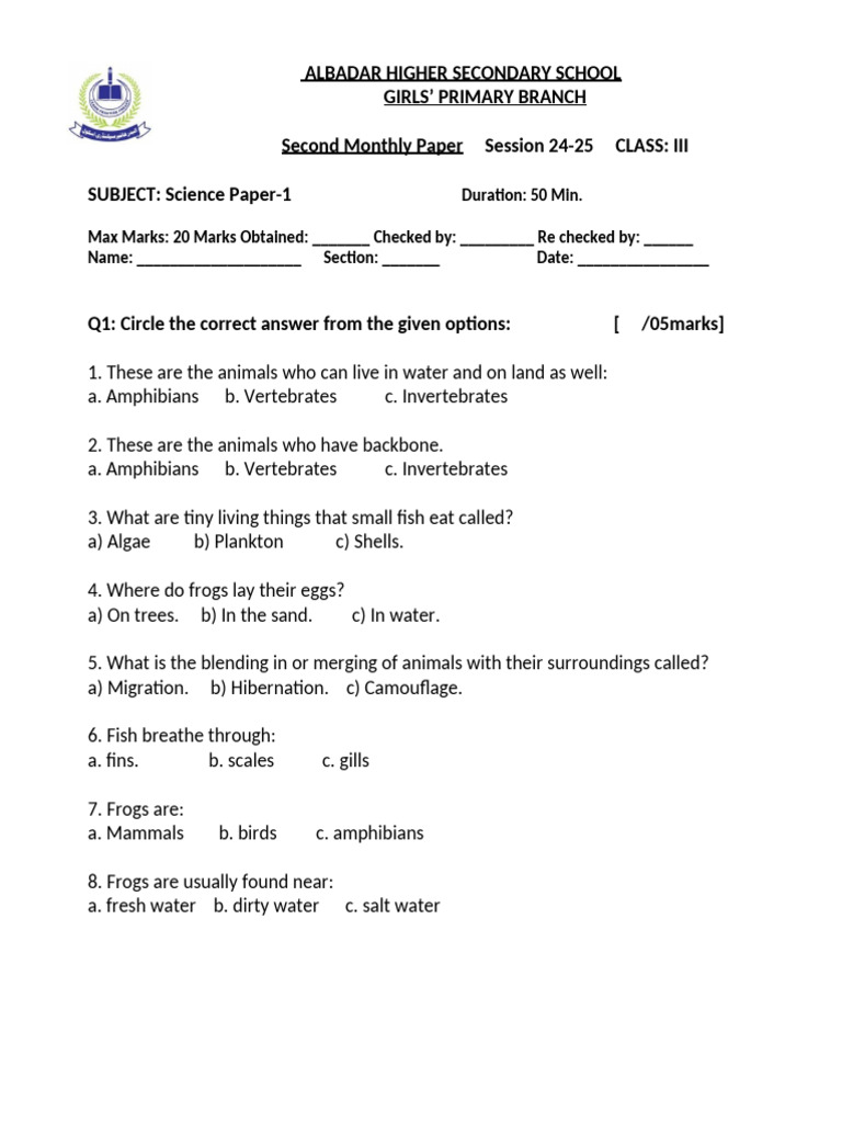 Science Exam Paper for Class III Students | PDF | Amphibian | Frog