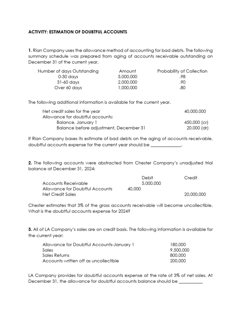 Activity 3 - Estimation of Doubtful Accounts | PDF