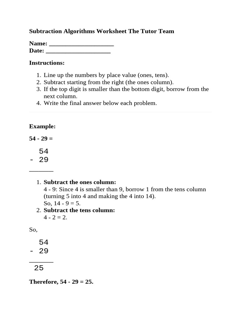 Subtraction Algorithms Worksheet The Tutor Team | PDF