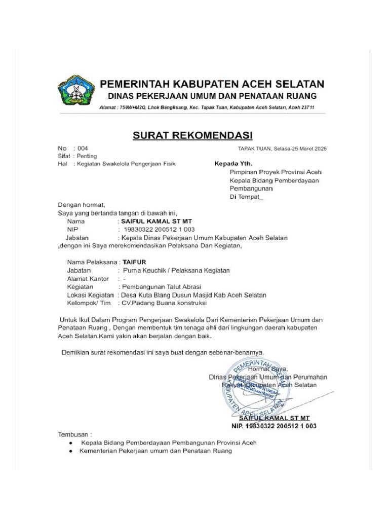 Dokumen Rekomendasi Kegiatan Swakelola Kab. Aceh Selatan - 2 | PDF