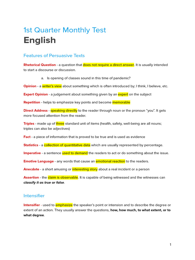 1st QT Monthly Test ENGLISH | PDF | Pronoun | Semantics