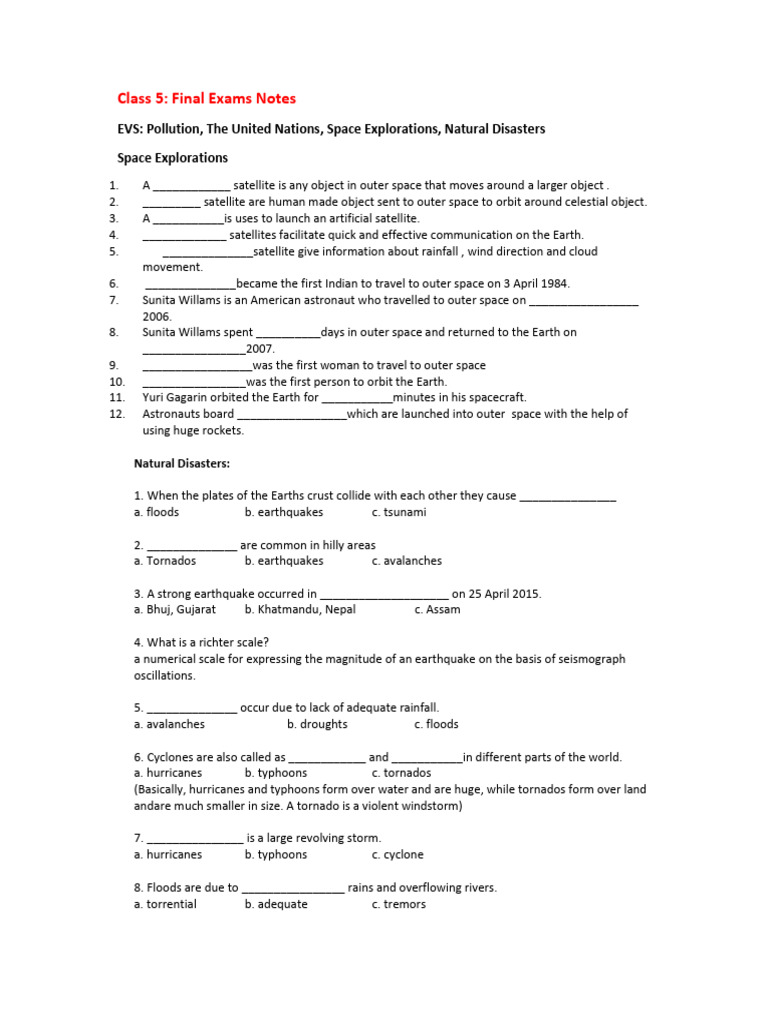Class 5 Final Exam Notes on EVS Topics | PDF | Satellite | Outer Space