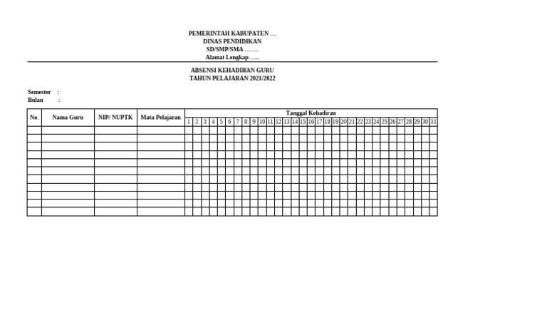 Format Absensi Kehadiran Guru 2021/2022 | PDF