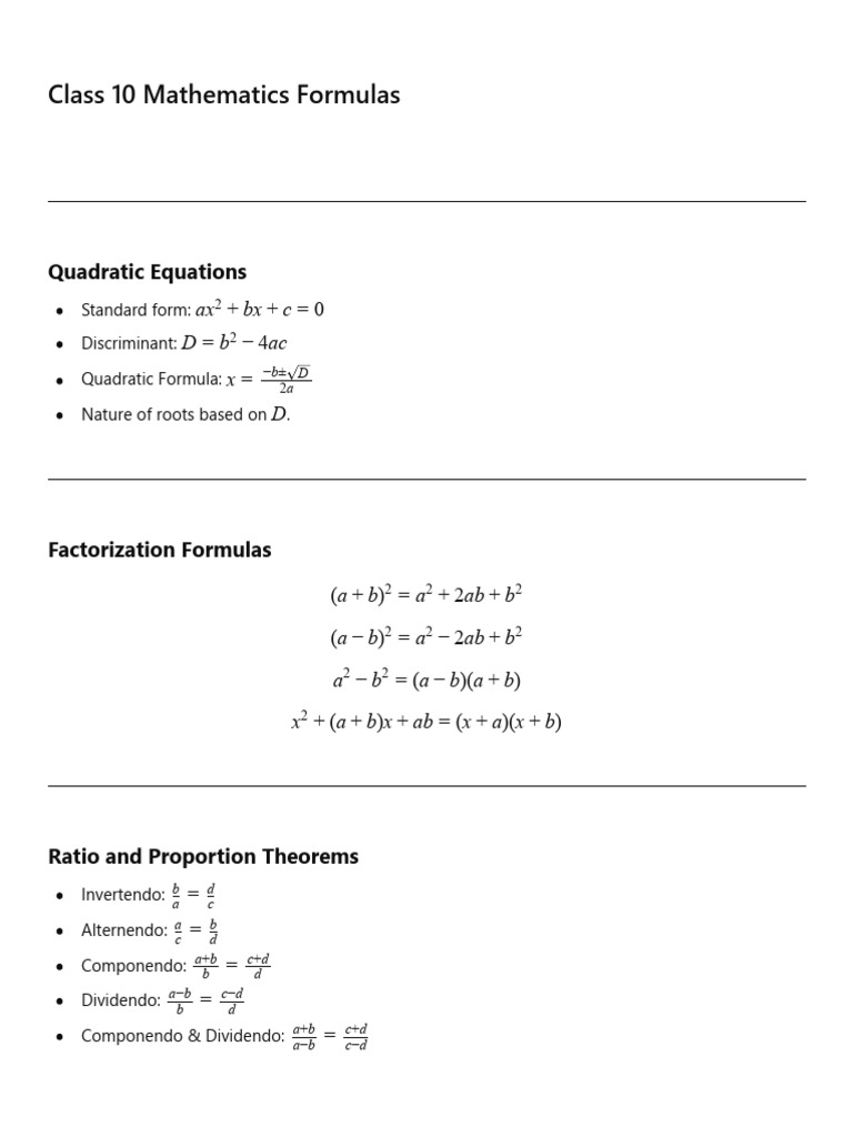Class 10 Math Formulas Guide | PDF | Trigonometry | Algebra