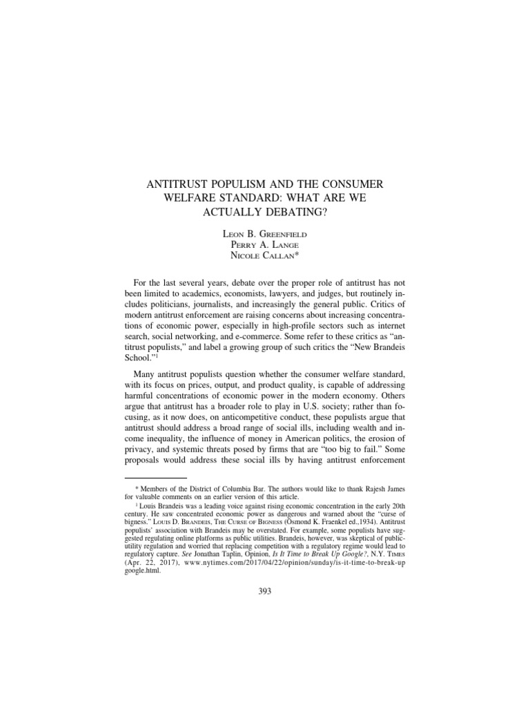 Antitrust Law Journal - Antitrust Populism and The Consumer Welfare ...