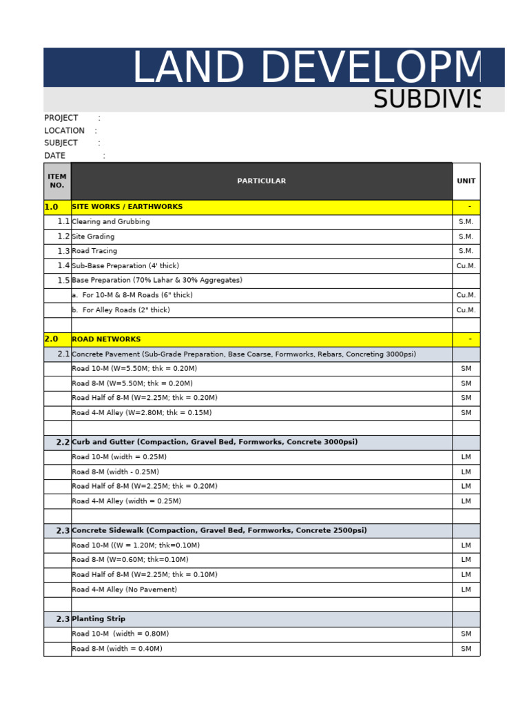 Subdivision Land Development Costing | PDF | Road | Building Materials