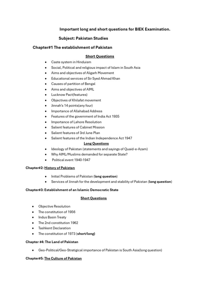 Questions For BIEK Examination PST | PDF | Pakistan | All India Muslim ...