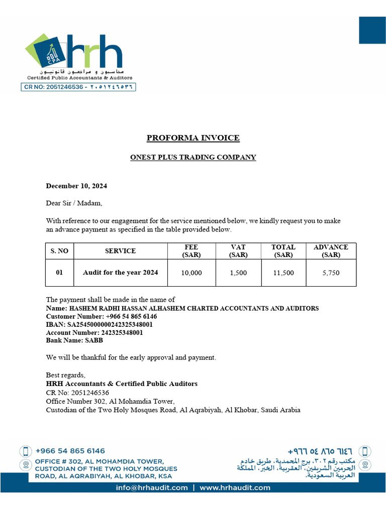 Performa Invoice - HRH (Onest Plus Trading Company) FTY 2024 | PDF