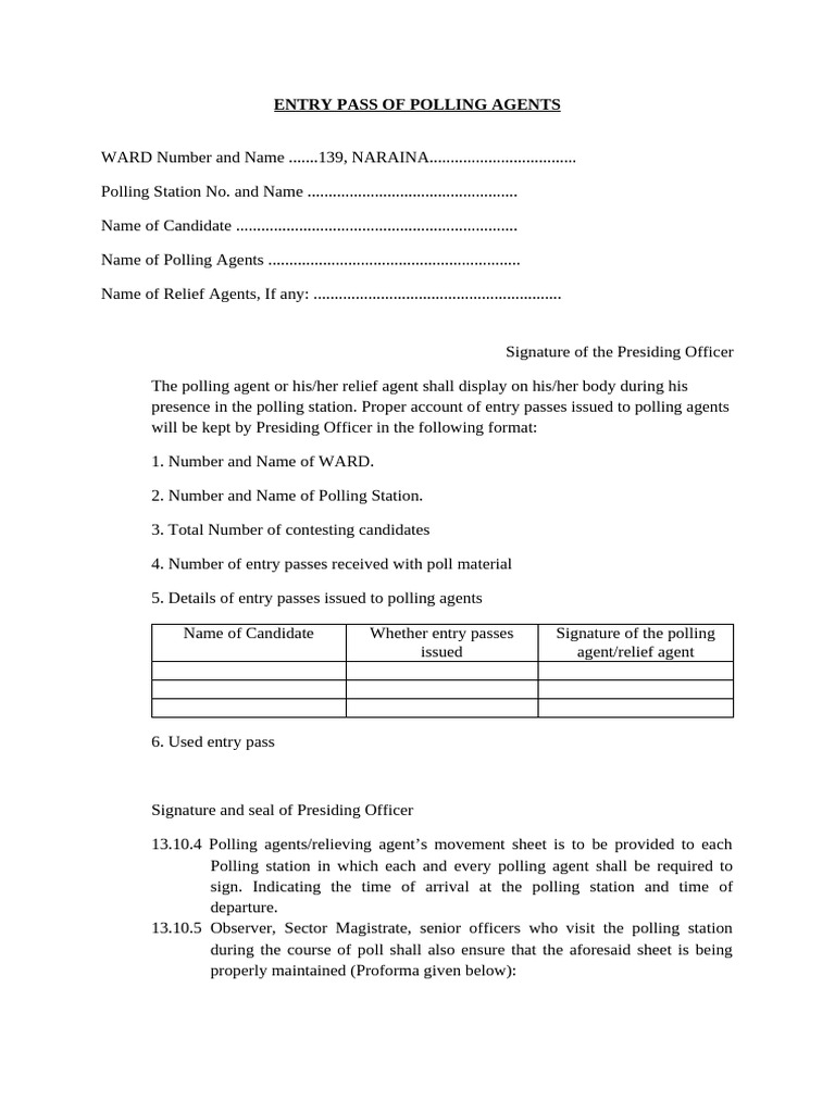 Entry Pass of Polling Agent | PDF