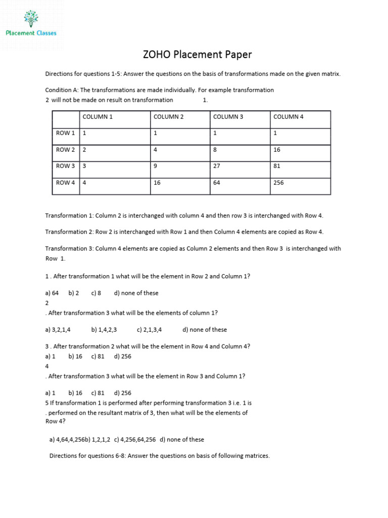 Zoho 2 SamplePaper PlacementClasses | PDF | Matrix (Mathematics) | Mathematics