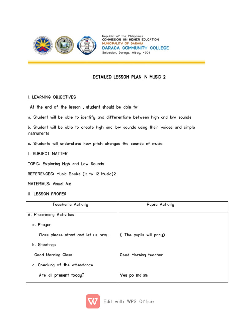 Lesson Plan: High and Low Sounds in Music | PDF | Sound | Learning