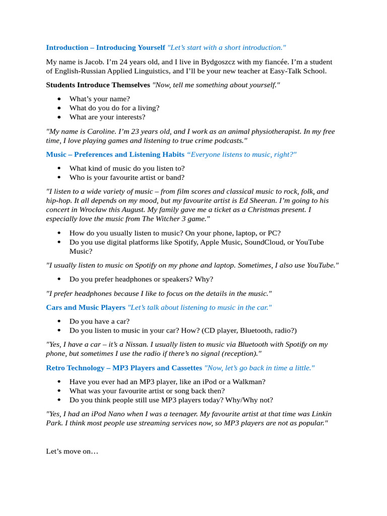 Personal Introductions and Music Preferences | PDF
