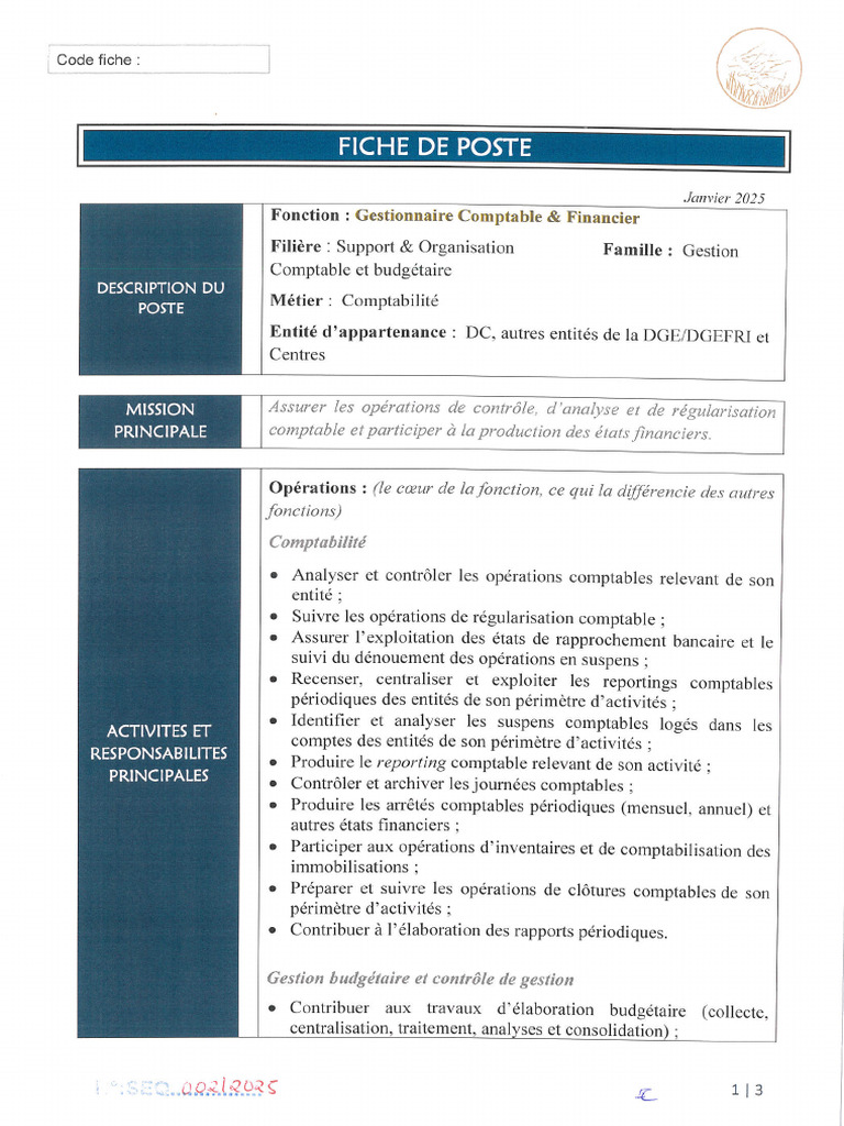 8- Fiche de Poste Gestionnaire Comptable Et Financier | PDF