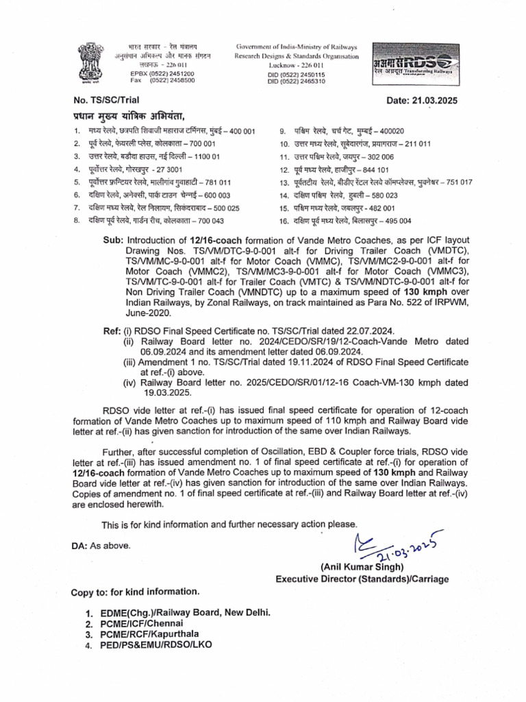 21-03-2025 - RDSO Letter To Rlys - Introduction - 12-16 Coach-VM-130 ...