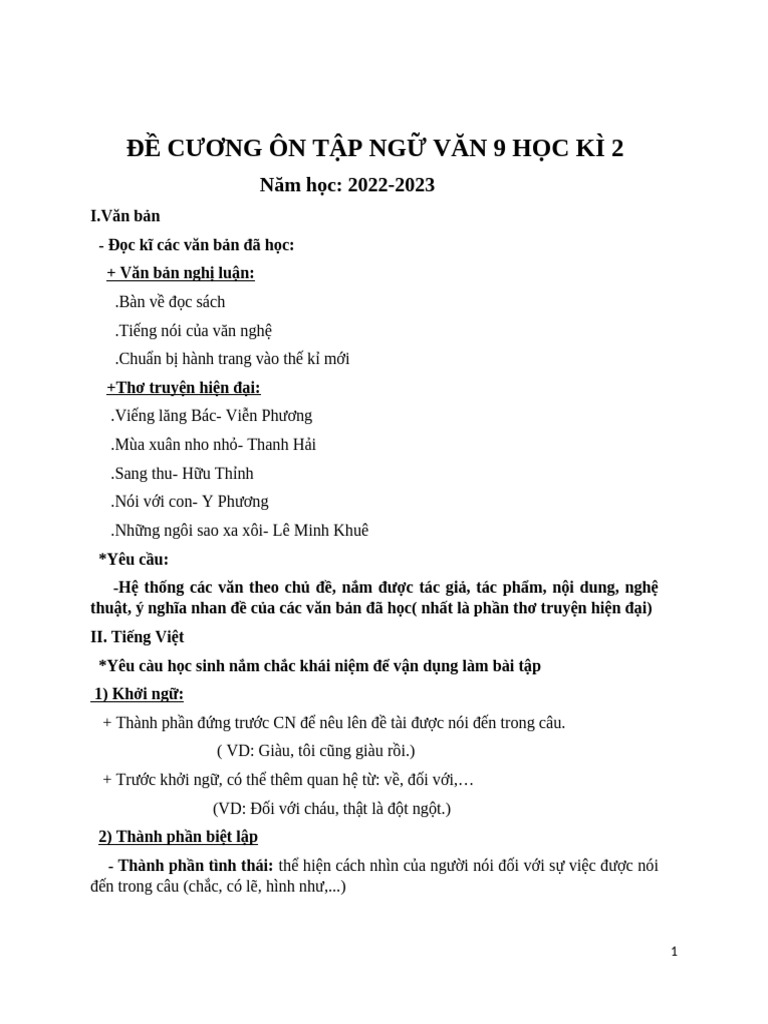 ĐỀ CƯƠNG NV9- HKII | PDF