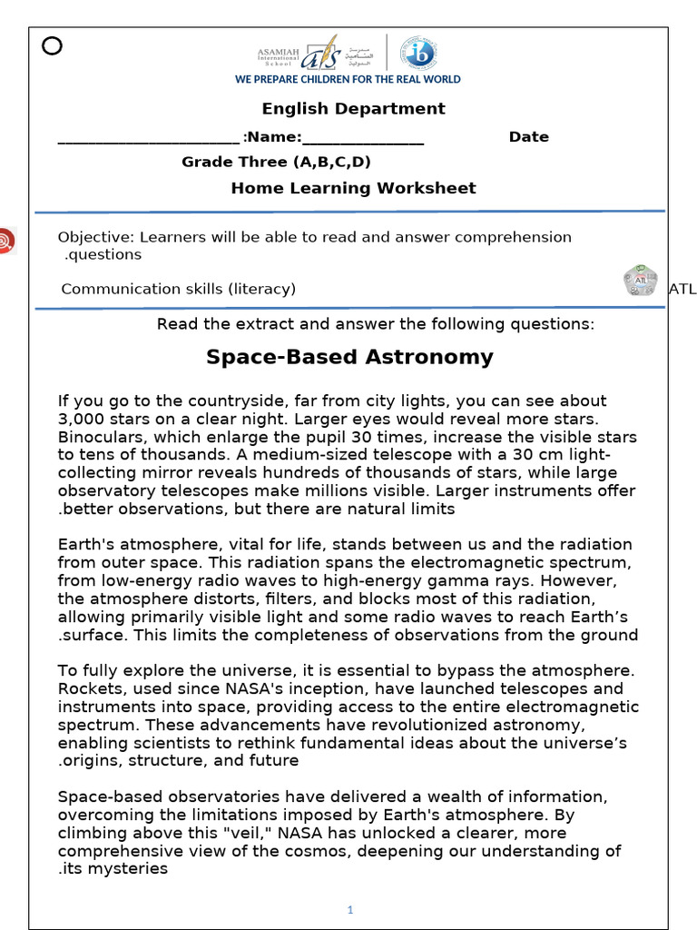 Differentiated worksheet for middle achievers | PDF | Telescope | Observatory