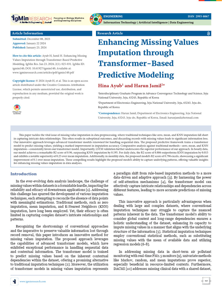 Enhancing Missing Values Imputation Through Transformer-Based Predictive Modeling | PDF ...