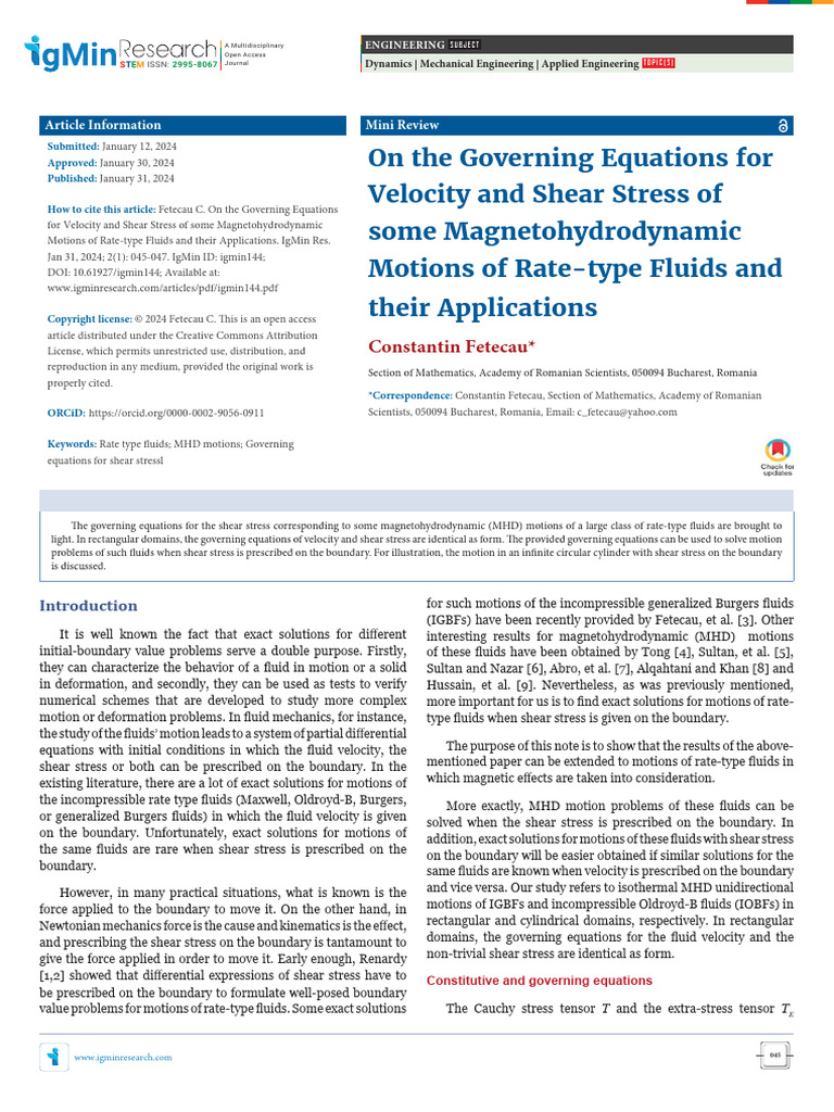 On The Governing Equations For Velocity and Shear Stress of Some ...