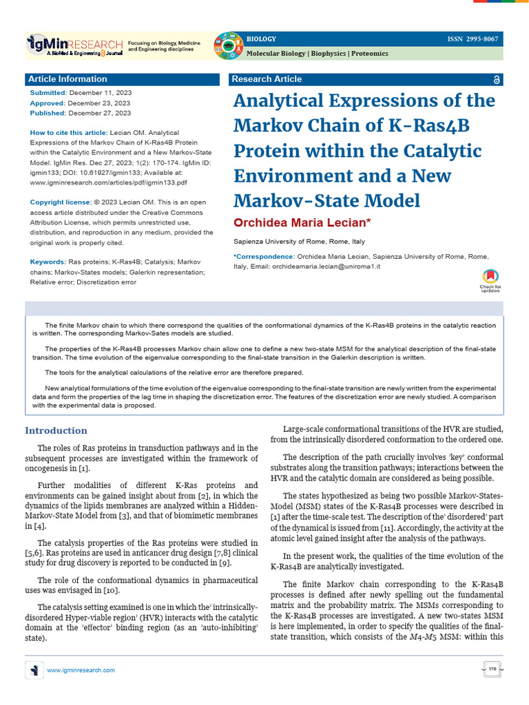 Analytical Expressions of The Markov Chain of K-Ras4B Protein Within The Catalytic Environment ...