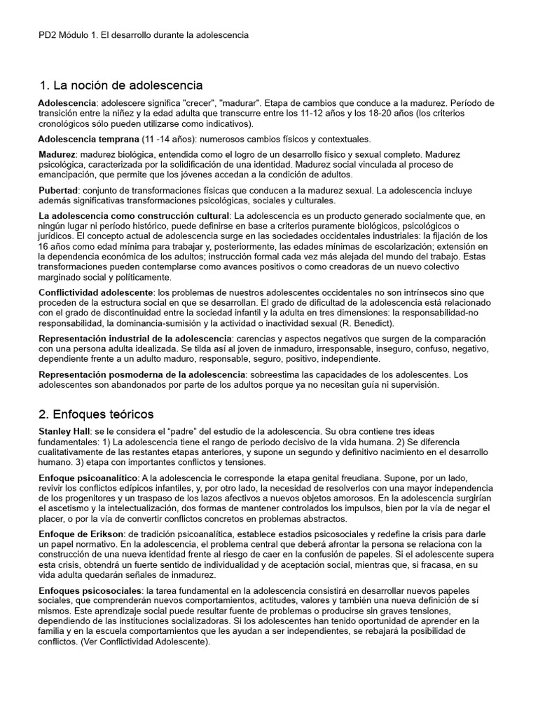 Psicodesarrollo PD2 - Esquema | PDF | Adultos | Adolescencia