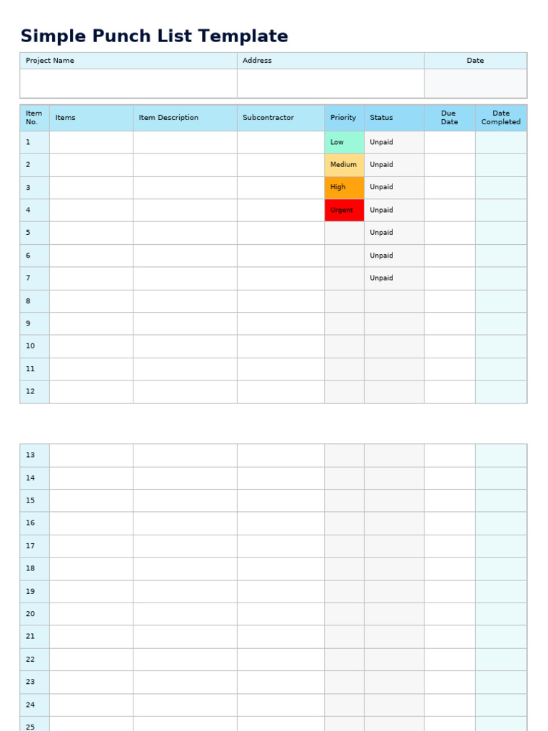 IC Simple Punch List Template 12318 | PDF