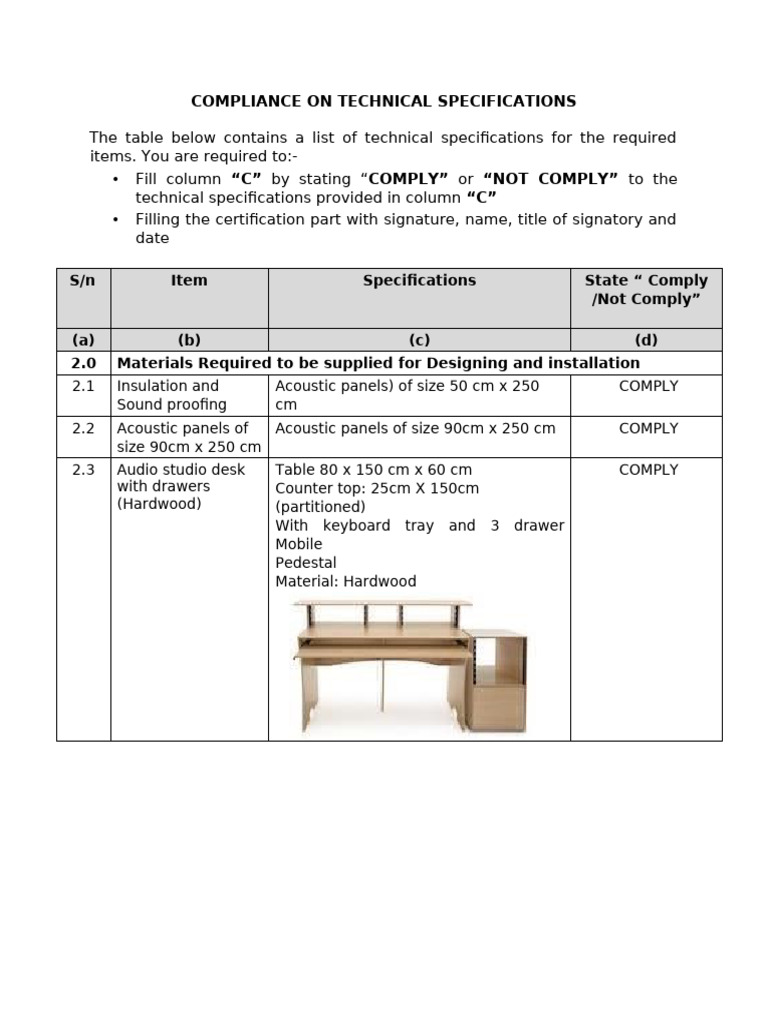 Technical Specifications Compliance Checklist | PDF | Microphone ...